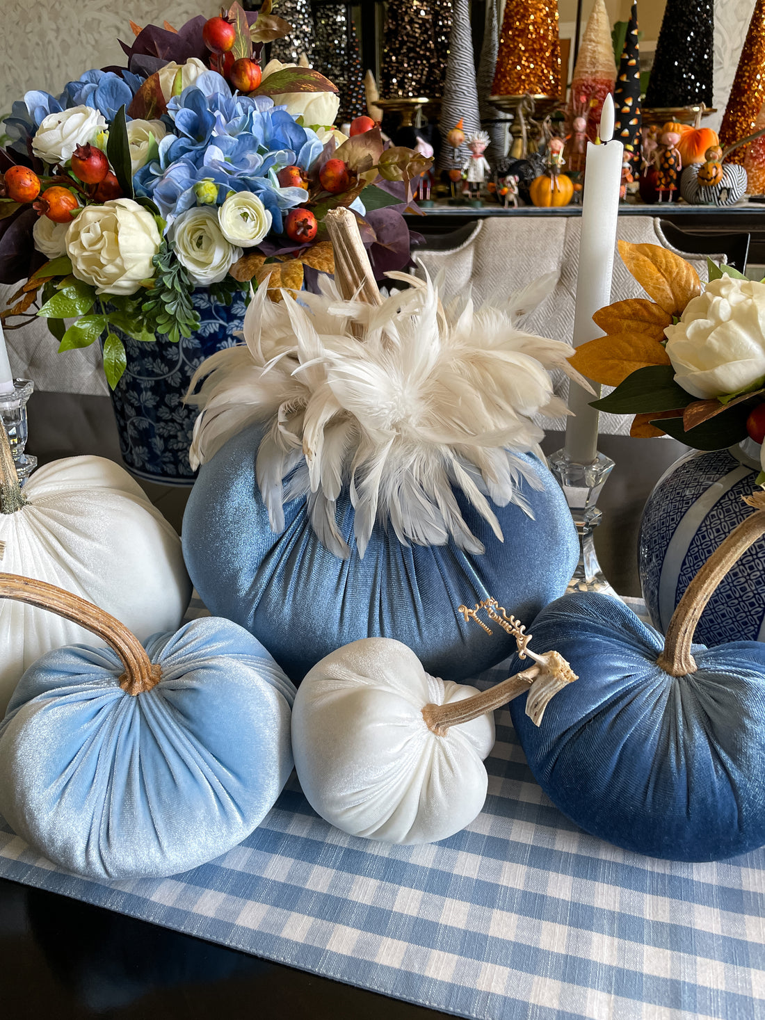 Ocean Blue Pumpkin with Feathers – The Permanent Garden