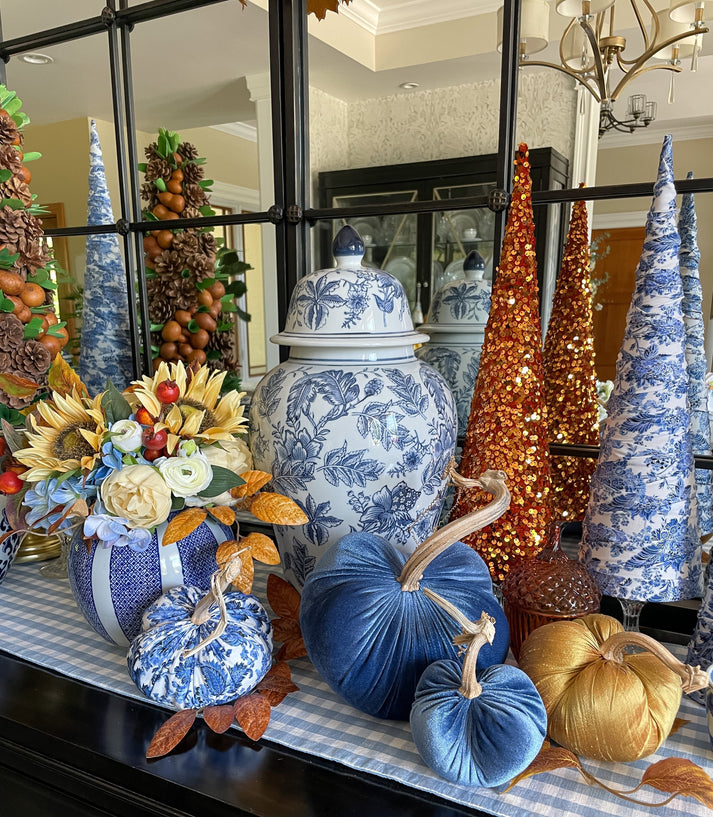 Ocean Blue Velvet Pumpkins with Real Stems, Fall Decor,Sold Individual ...
